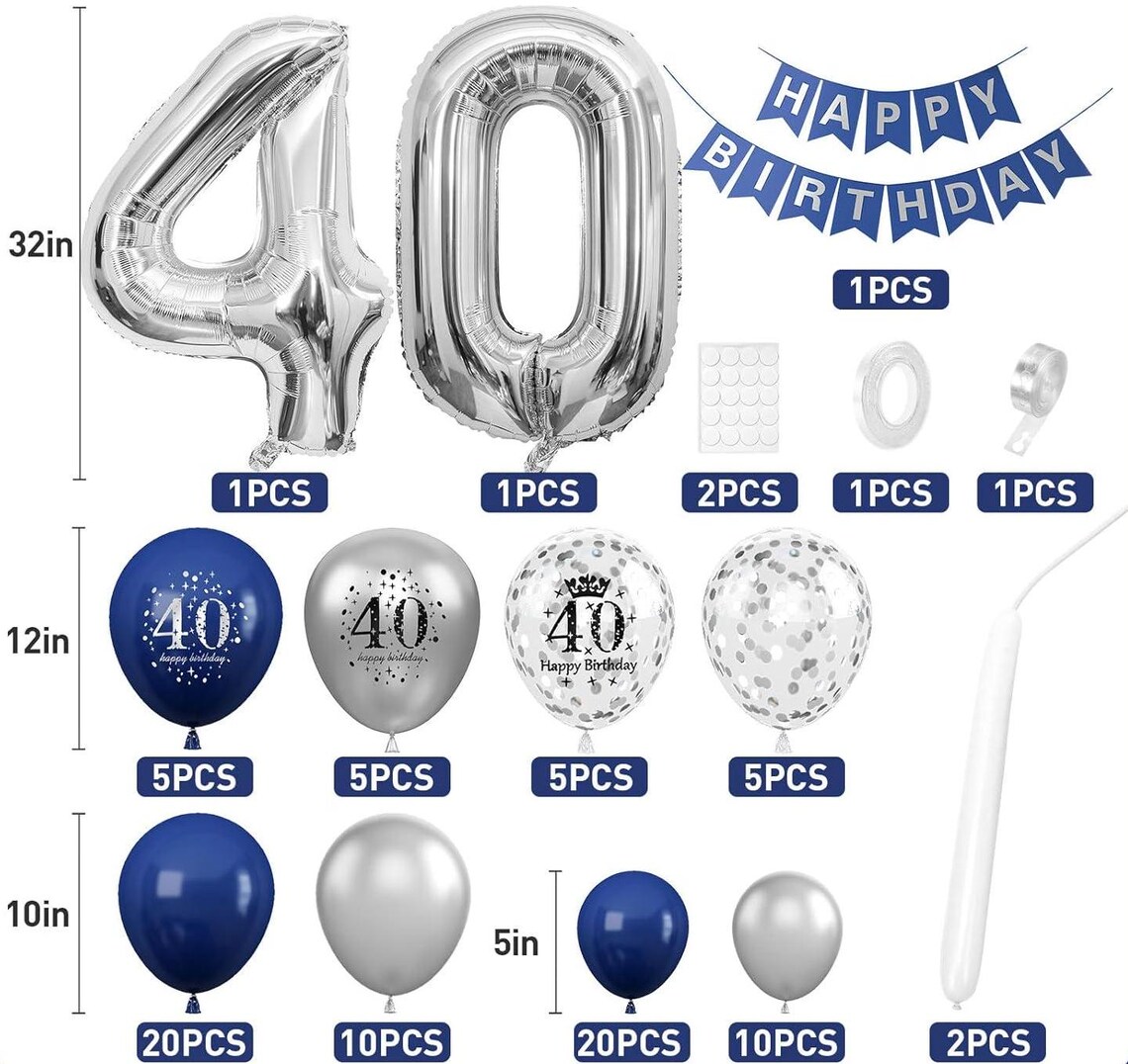40th Birthday Balloon Garland Arch Blue and Silver 40th Birthday ...