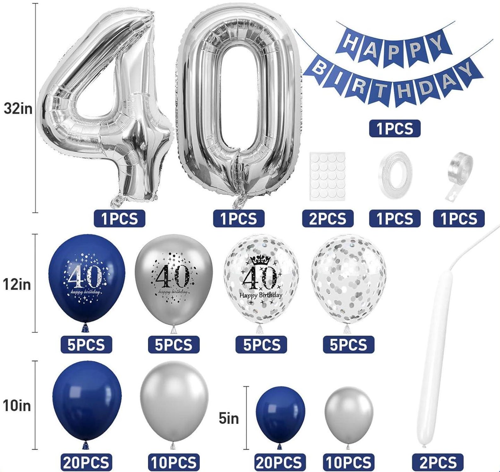 40th Birthday Balloon Garland Arch Blue and Silver 40th Birthday ...