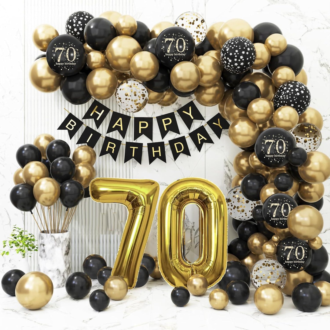 70th Birthday Balloon Garland Arch, Black and Gold 70th Birthday ...