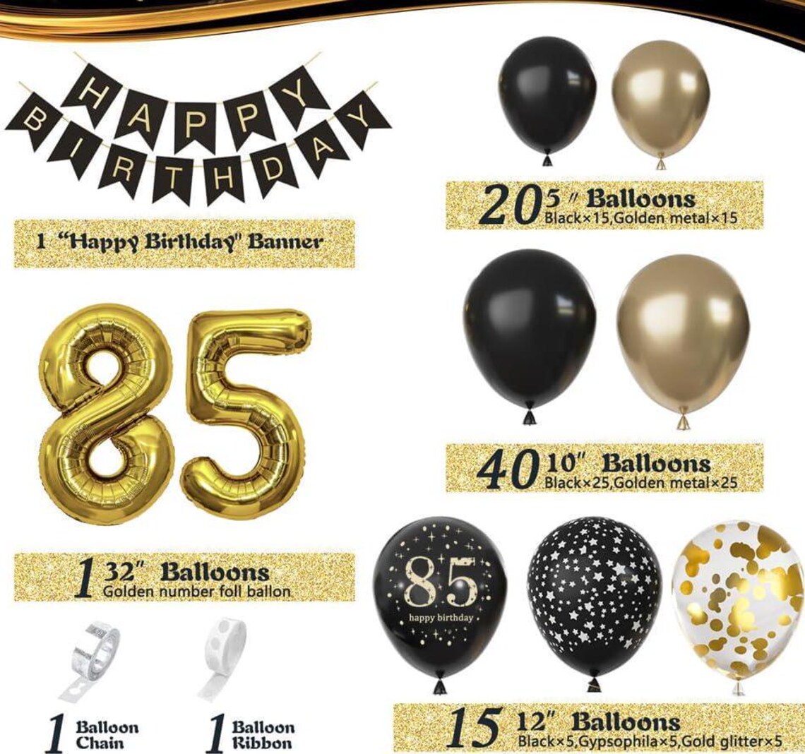 85th Birthday Balloon Garland Arch, Black and Gold 85th Birthday ...