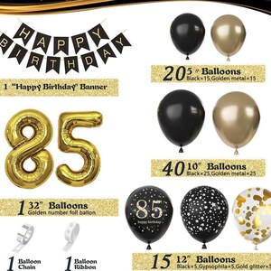 85th Birthday Balloon Garland Arch, Black and Gold 85th Birthday ...