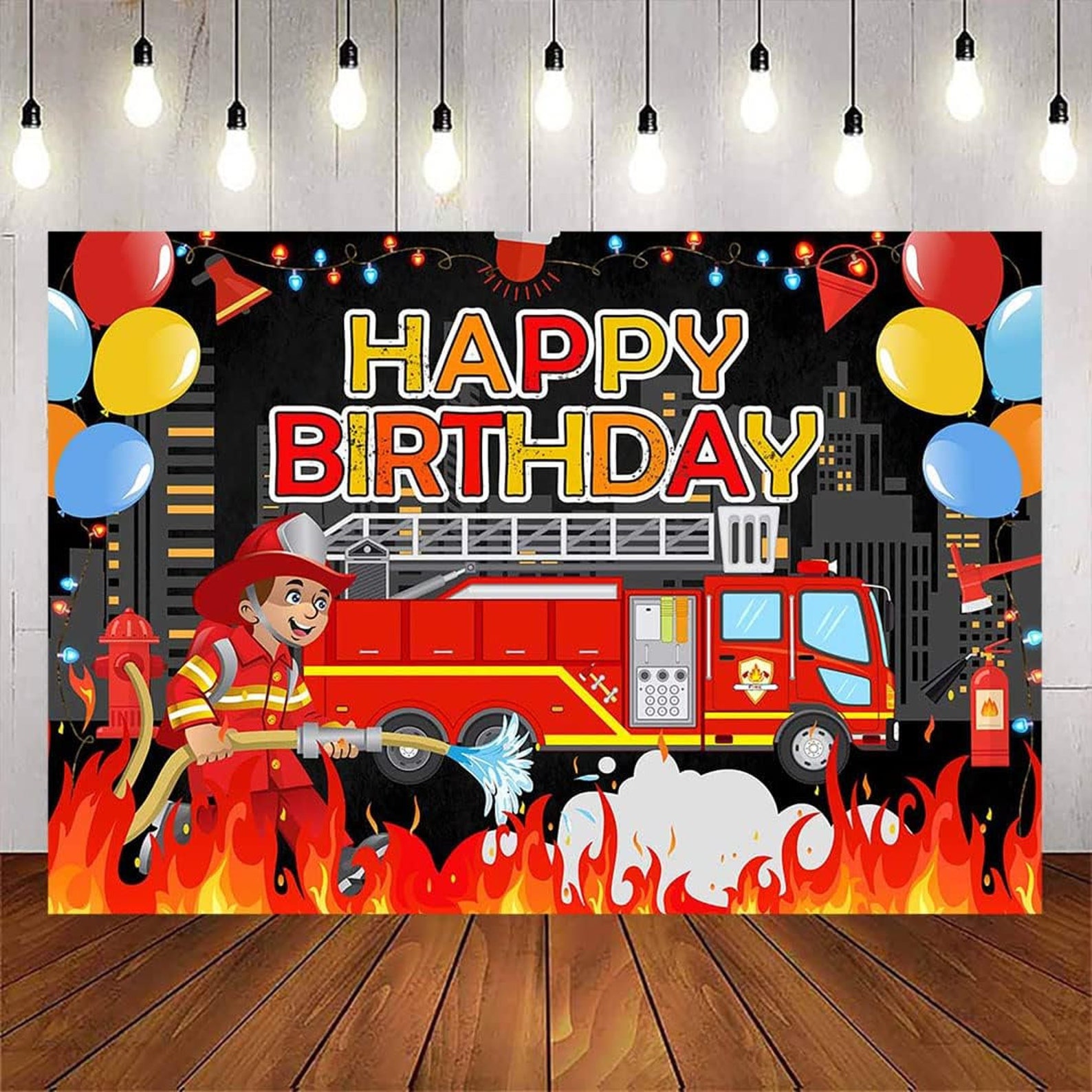 Fireman Birthday Backdrop 7x5ft Red Fire Truck Birthday - Etsy
