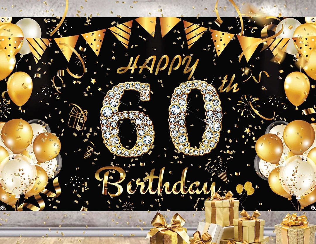 60th Birthday Banner Backdrop Decorations for Men Women Black Gold ...