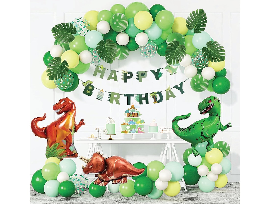 Dinosaur Birthday Balloon Garland Arch Kit, Dino Happy Birthday Banner Balloon Green Leaves ...