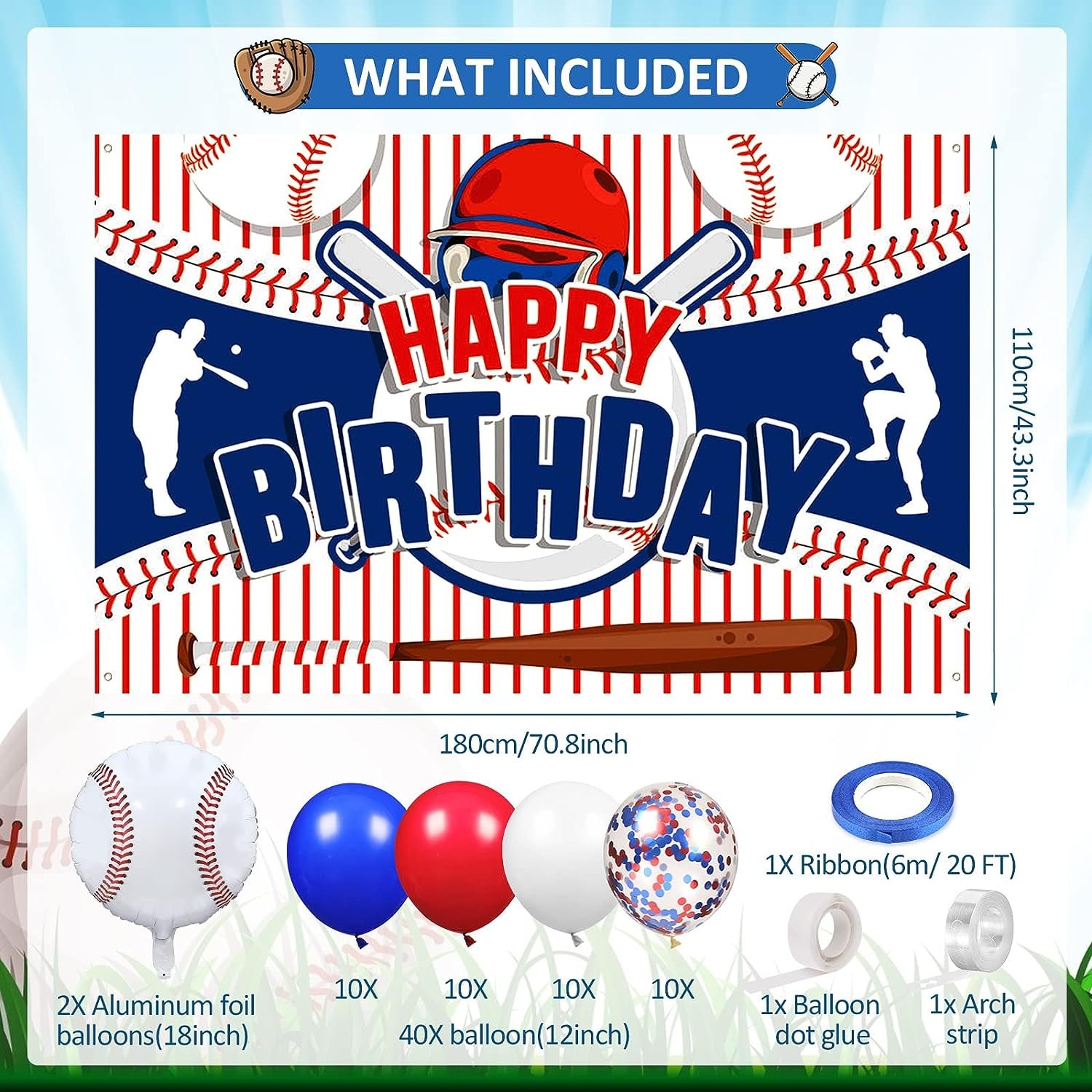 Baseball Birthday Backdrop and Balloon Garland Arch Kit, Red White Blue ...