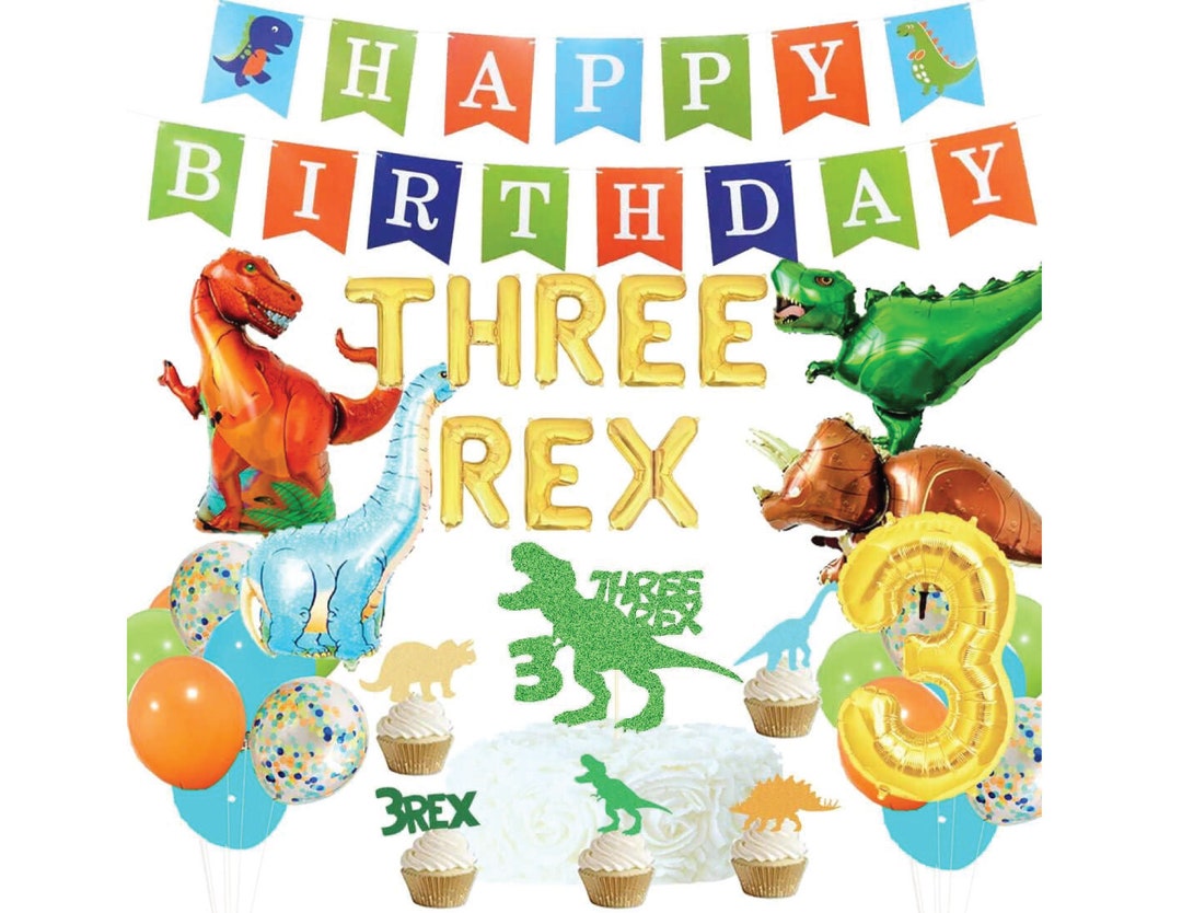 Dinosaur Three Rex Balloons, Three Rex Banner Balloon T-rex 3 Cake ...