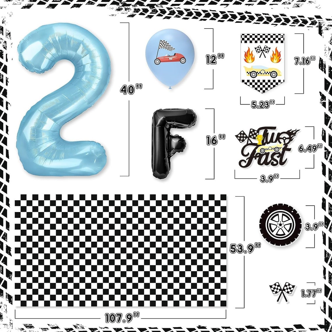 Two Fast Birthday Decorations Black Red Blue Boys Race Car 2nd Birthday ...