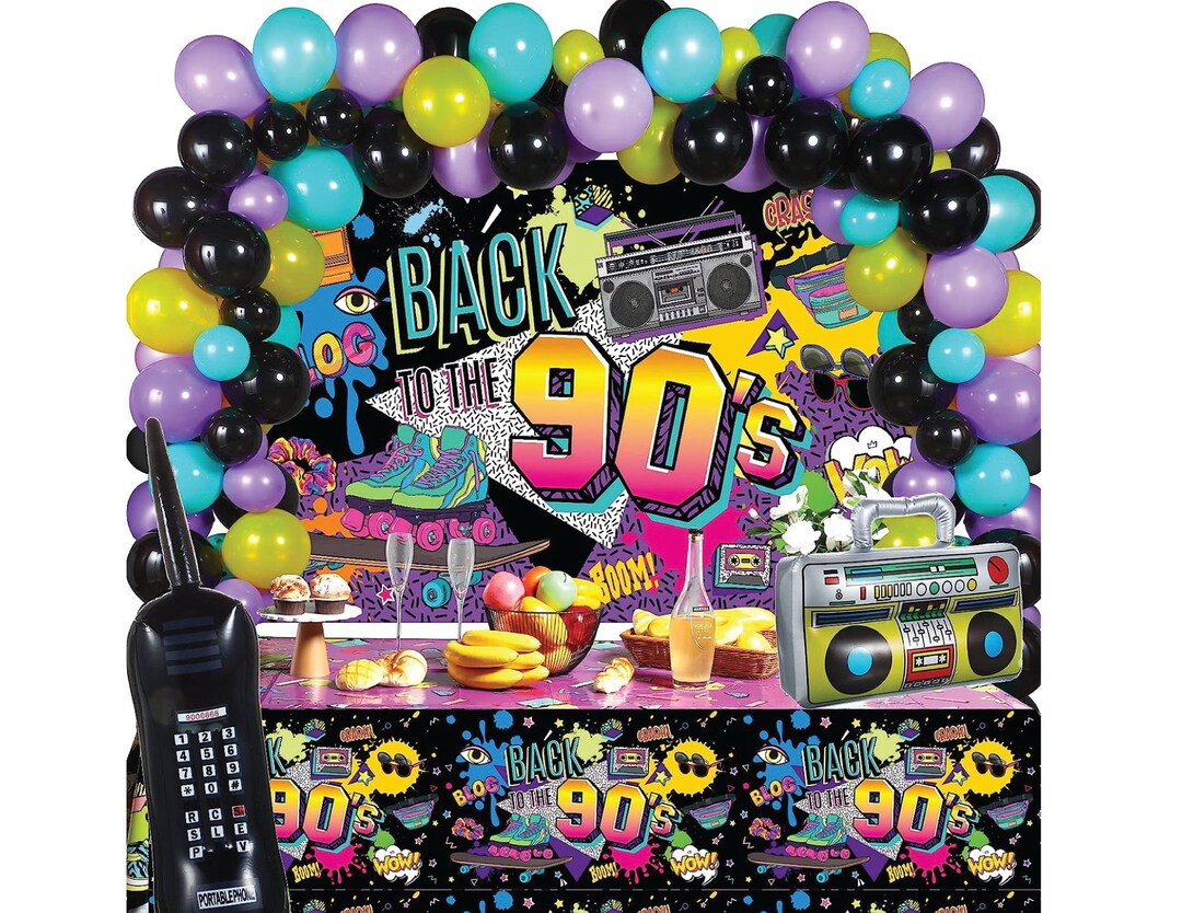Back to the 90s Balloon Garland Kit and Backdrop, Disco Ball Radio Boom ...