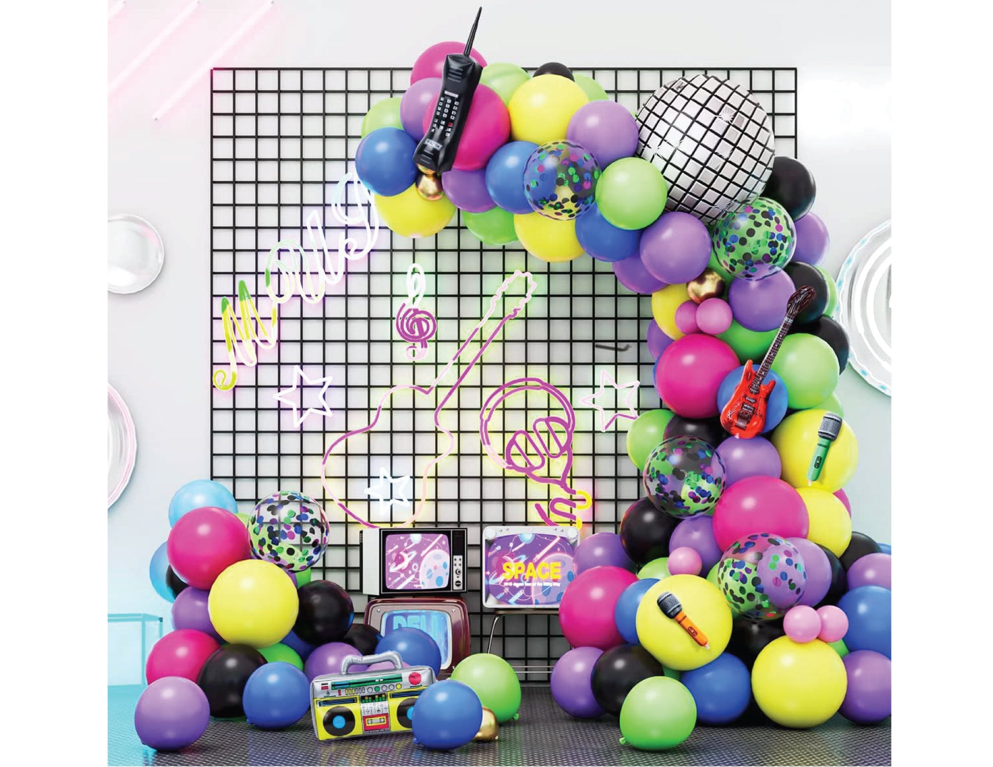 80s 90s Balloon Garland Kit, Disco Ball Radio Boom Box Retro Mobile ...