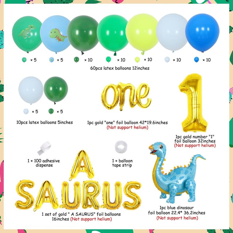 Dinosaur 1st Birthday Balloon Garland Arch Kit, One A Saurus Birthday ...
