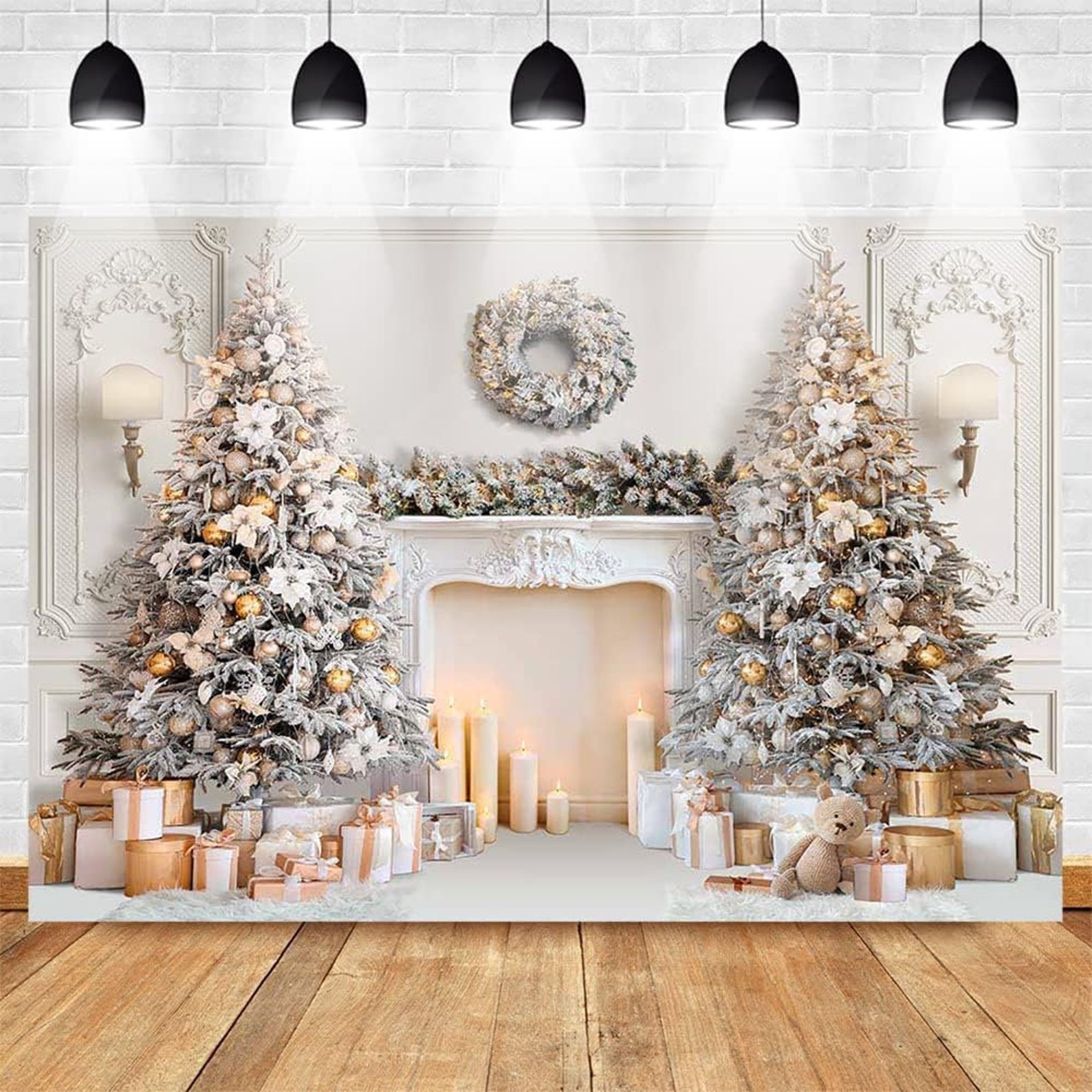 White Christmas Fireplace Backdrop, Christmas Fireplace Family Picture ...
