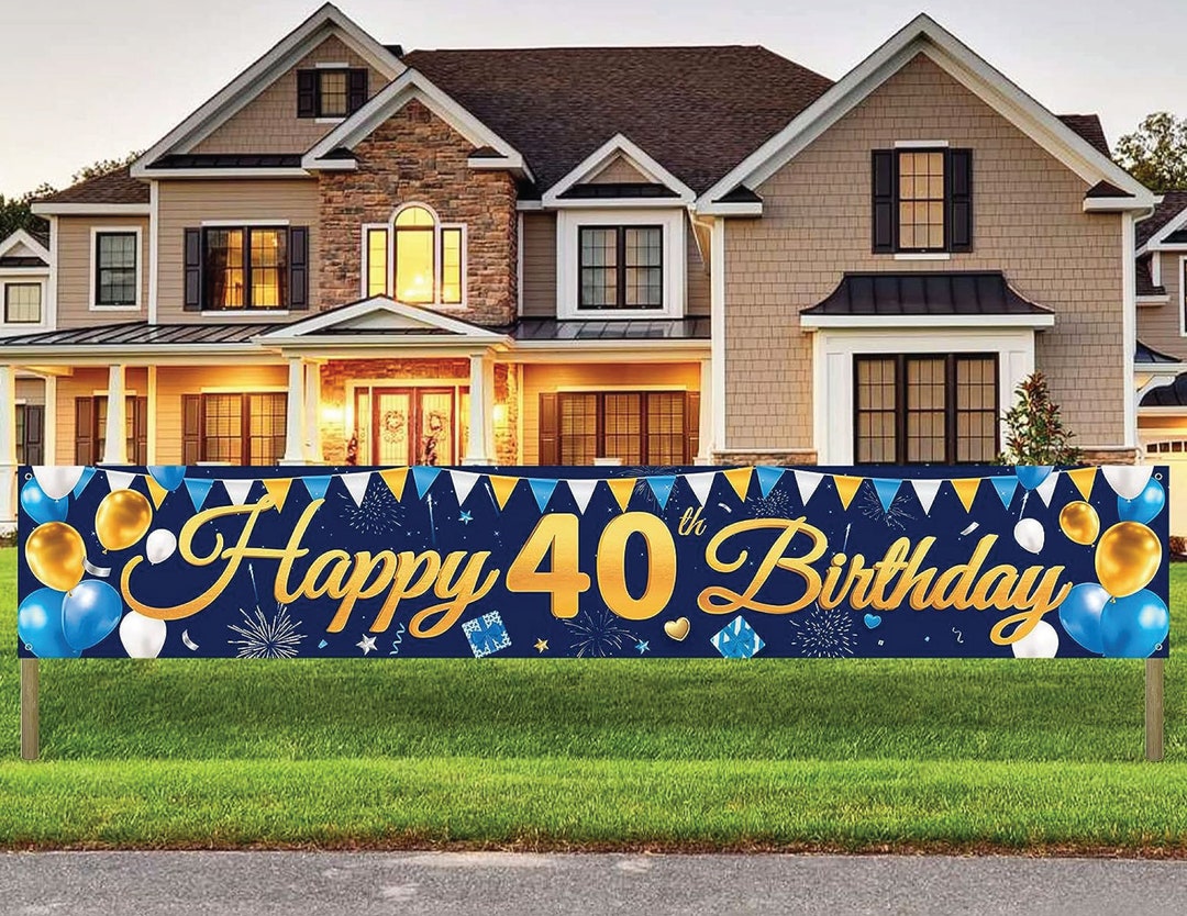 Large 40th Birthday Banner Backdrop Decorations for Men Women Gold Blue ...