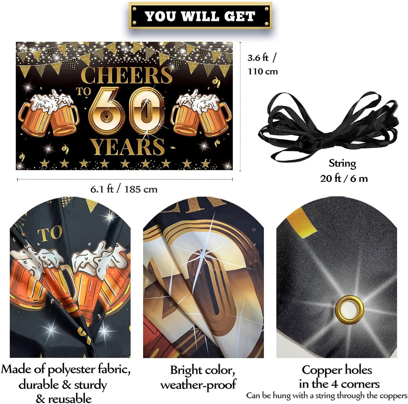 Cheers to 60 Years Backdrop Banner Decorations for Men Women Black Gold ...