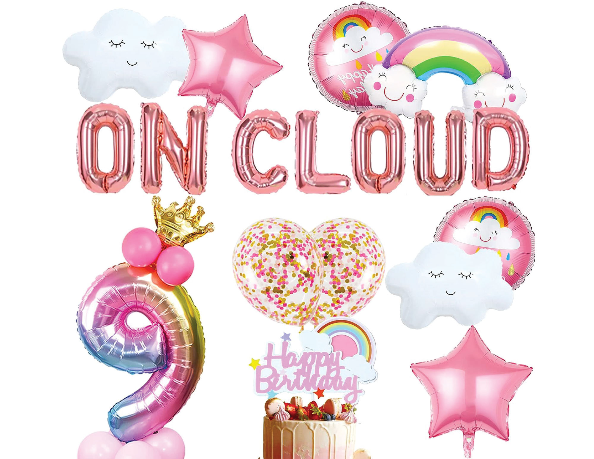 On Cloud 9 Birthday Balloons, Girls Rose Gold 9th Birthday Balloons Number 9 Balloon Cloud ...