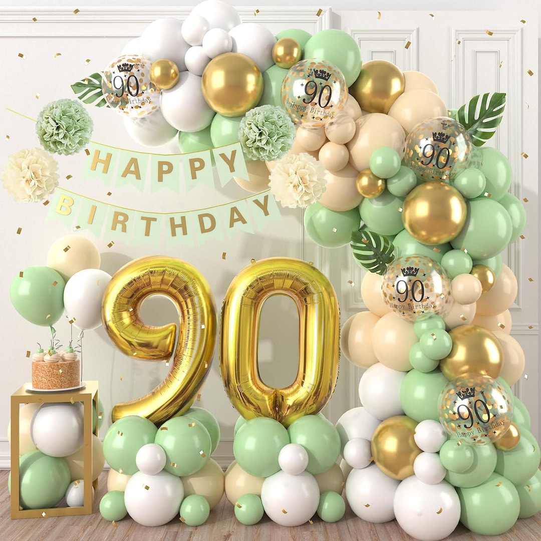 90th Birthday Balloon Garland Arch Sage Green and Gold 90th Birthday ...