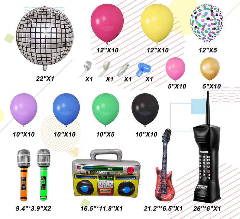 80s 90s Balloon Garland Kit, Disco Ball Radio Boom Box Retro Mobile ...
