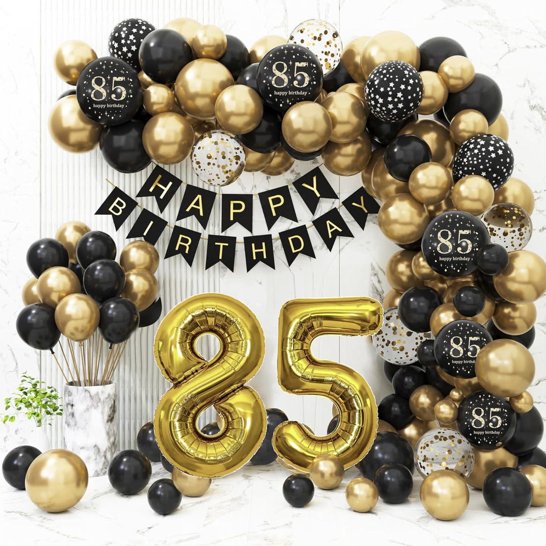 85th Birthday Balloon Garland Arch, Black and Gold 85th Birthday ...