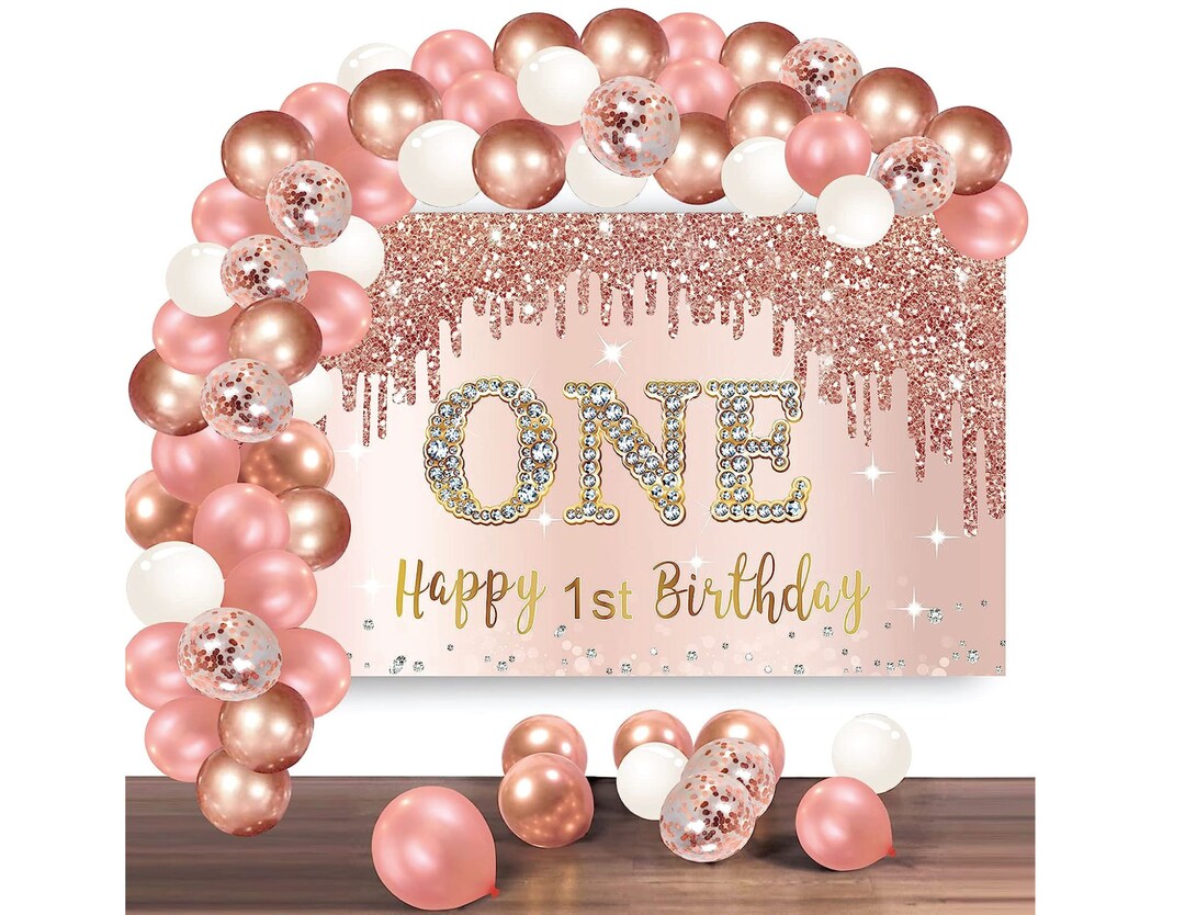 First Birthday Backdrop and Balloon Garland Arch Decorations Rose Gold ...