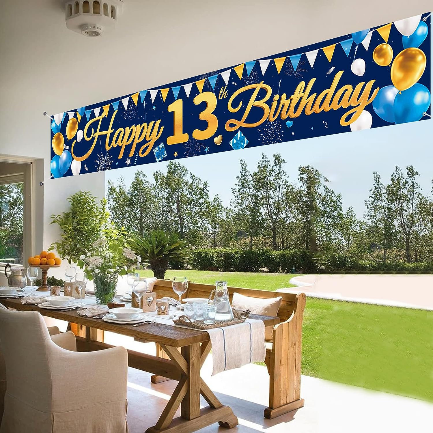 Large 13th Birthday Banner Backdrop Decorations for Girl Boy Gold Blue ...