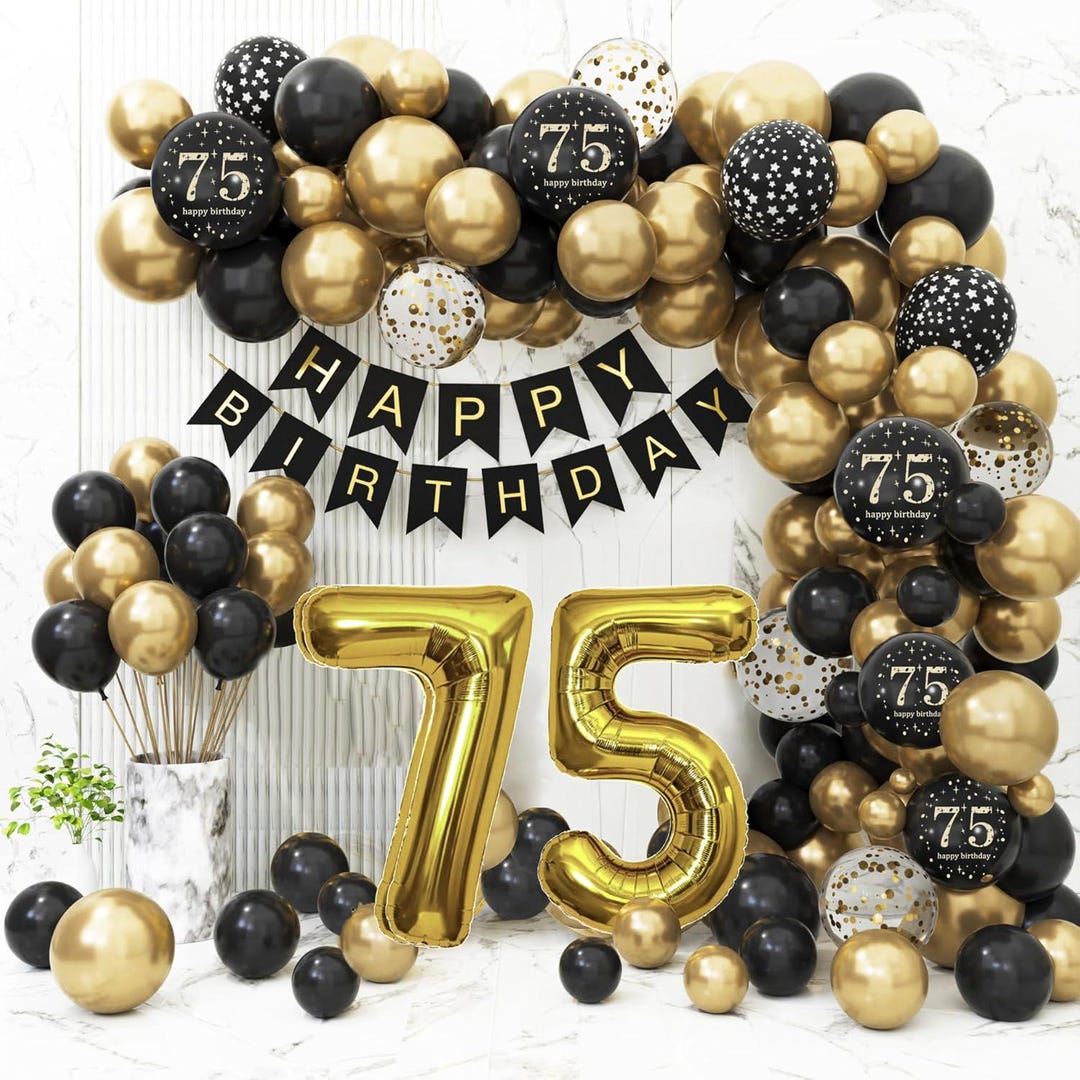 75th Birthday Balloon Garland Arch, Black and Gold 75th Birthday ...