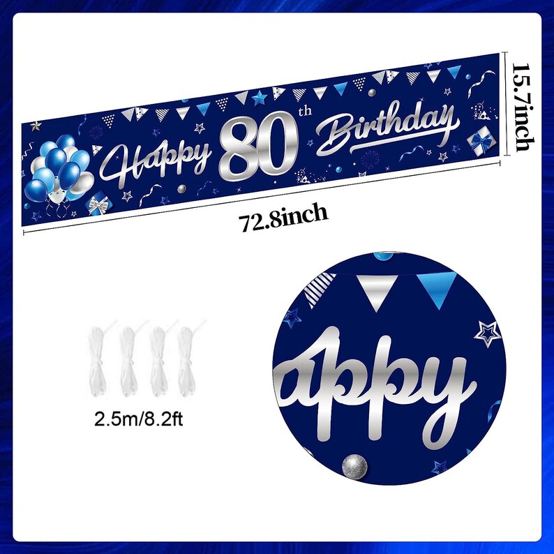 Large 80th Birthday Banner Backdrop Decorations For Men Women Silver