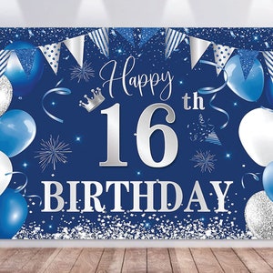 16th Birthday Banner Backdrop Decorations Girl Boy Blue Silver Happy 16 ...