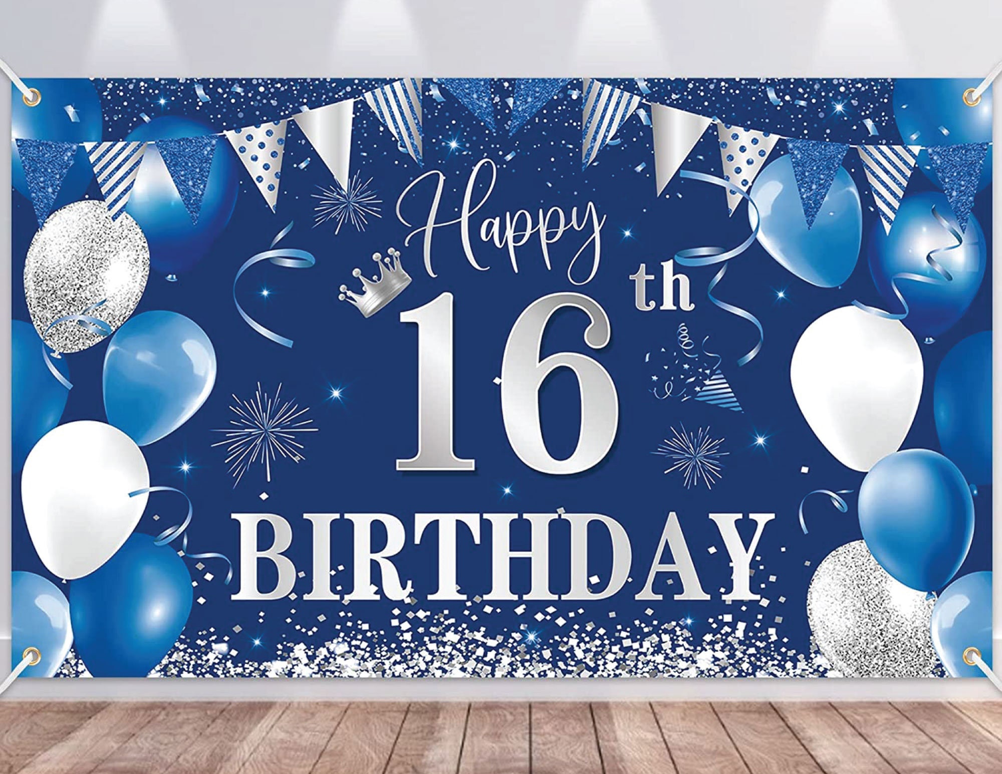 16th Birthday Banner Backdrop Decorations Girl Boy Blue Silver Happy 16 ...