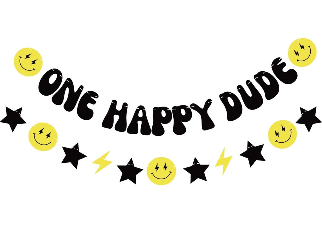 One Happy Dude Banner Boys Smiley Face 1st Birthday Lightning Smiley ...