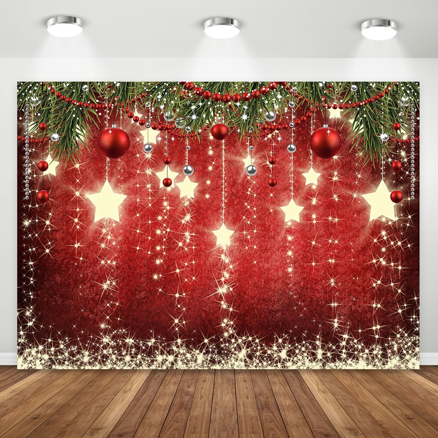 Christmas Backdrop, Red Sparkling Stars Christmas Family Picture Vinyl ...