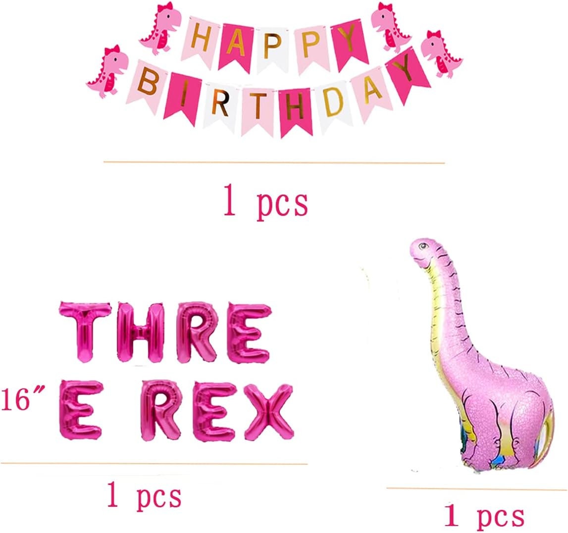 Pink Dinosaur Three Rex Backdrop and Balloons, Girl's 3 Rex Banner T ...