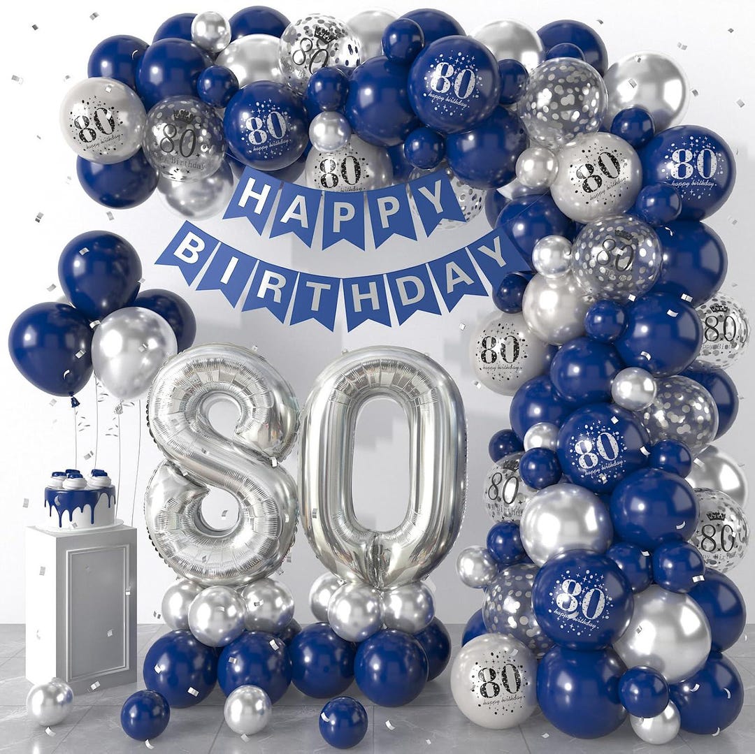 80th Birthday Balloon Garland Arch Blue and Silver 80th Birthday ...