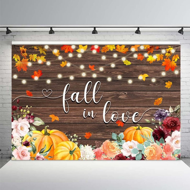 Fall in Love Backdrop, Rustic Wood Maple Leaf Pumpkin Background for ...