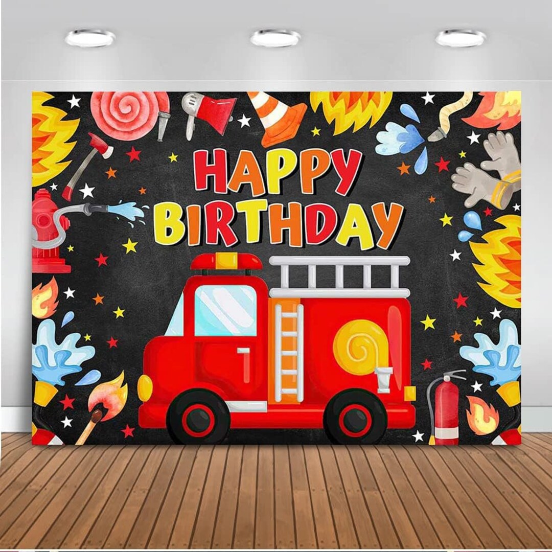 Fire Truck Birthday Backdrop 7x5ft, Fireman Birthday Banner Backdrop ...
