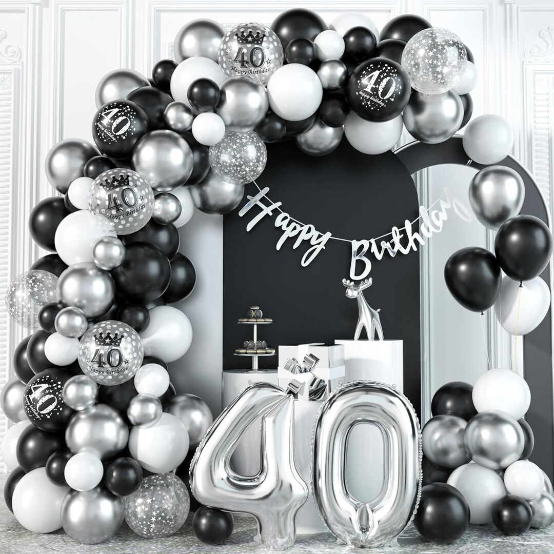 40th Birthday Balloon Garland Arch, Black and Silver 40th Birthday ...