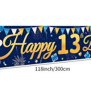 Large 13th Birthday Banner Backdrop Decorations for Girl Boy Gold Blue ...