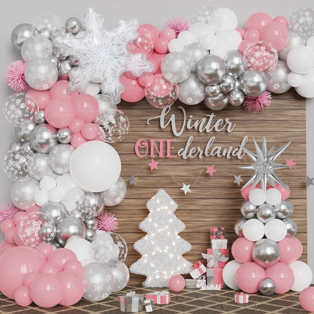 Winter Onederland Balloon Garland Arch Kit Pink Silver White Snowflakes ...