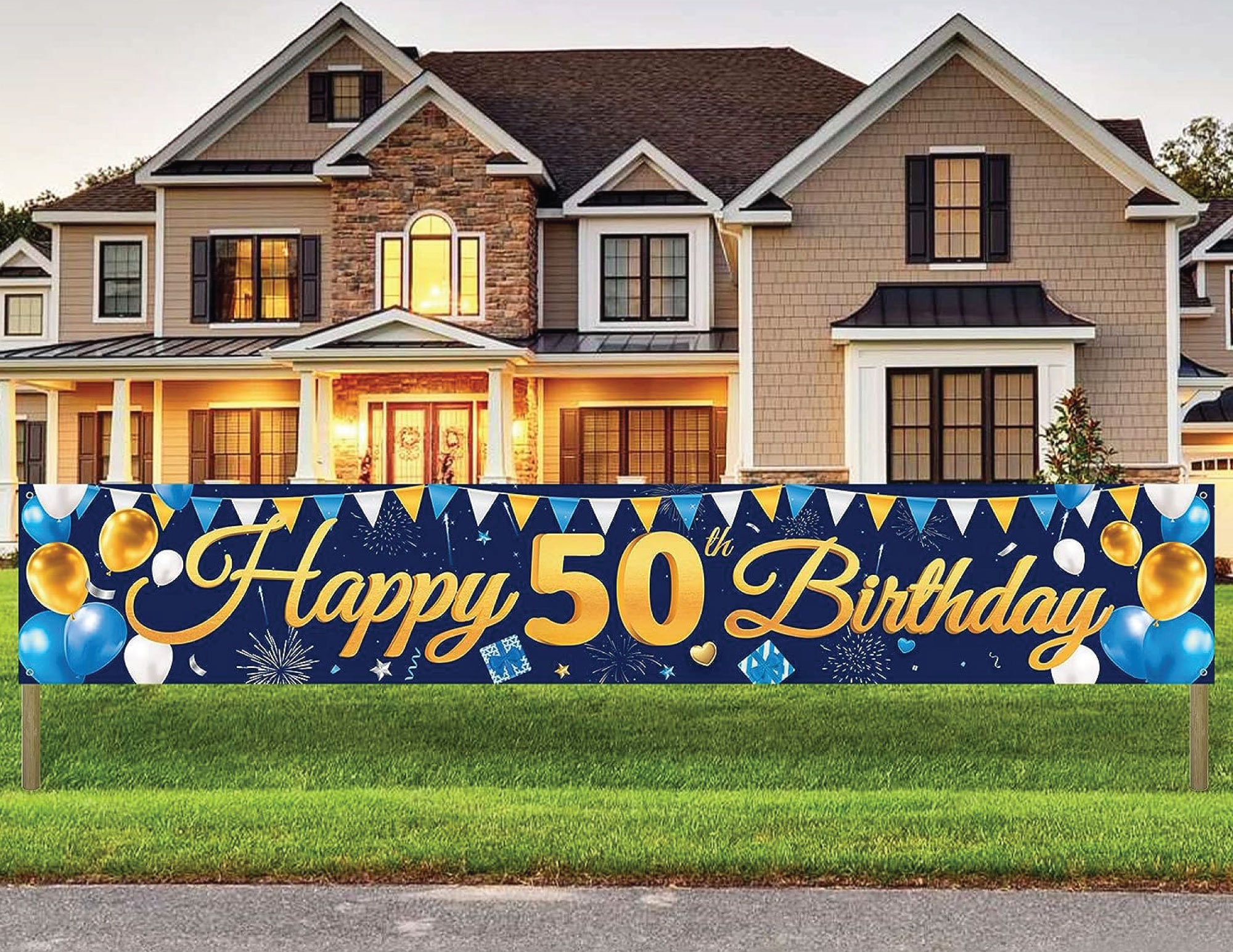 Large 50th Birthday Banner Backdrop Decorations for Men Women Gold Blue ...
