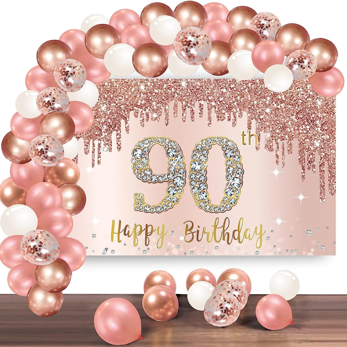 90th Birthday Backdrop and Balloon Garland Arch Decorations Rose Gold ...
