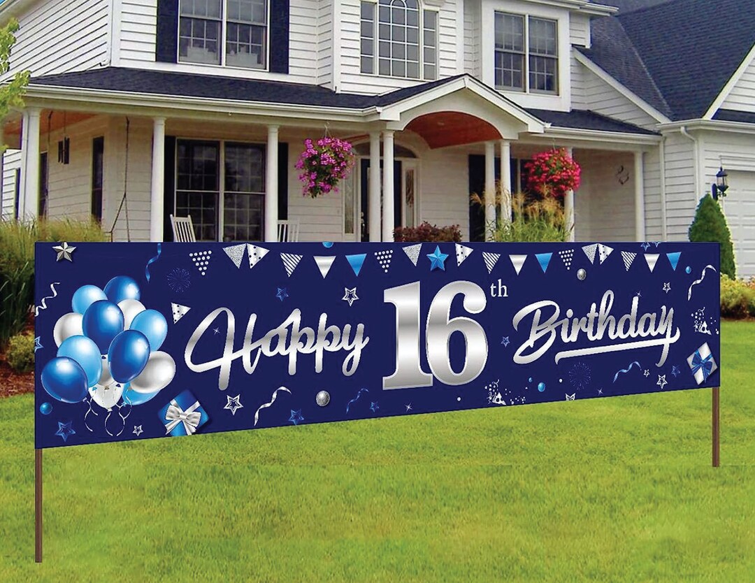 Large 16th Birthday Banner Backdrop Decorations for Boy Girl Silver ...