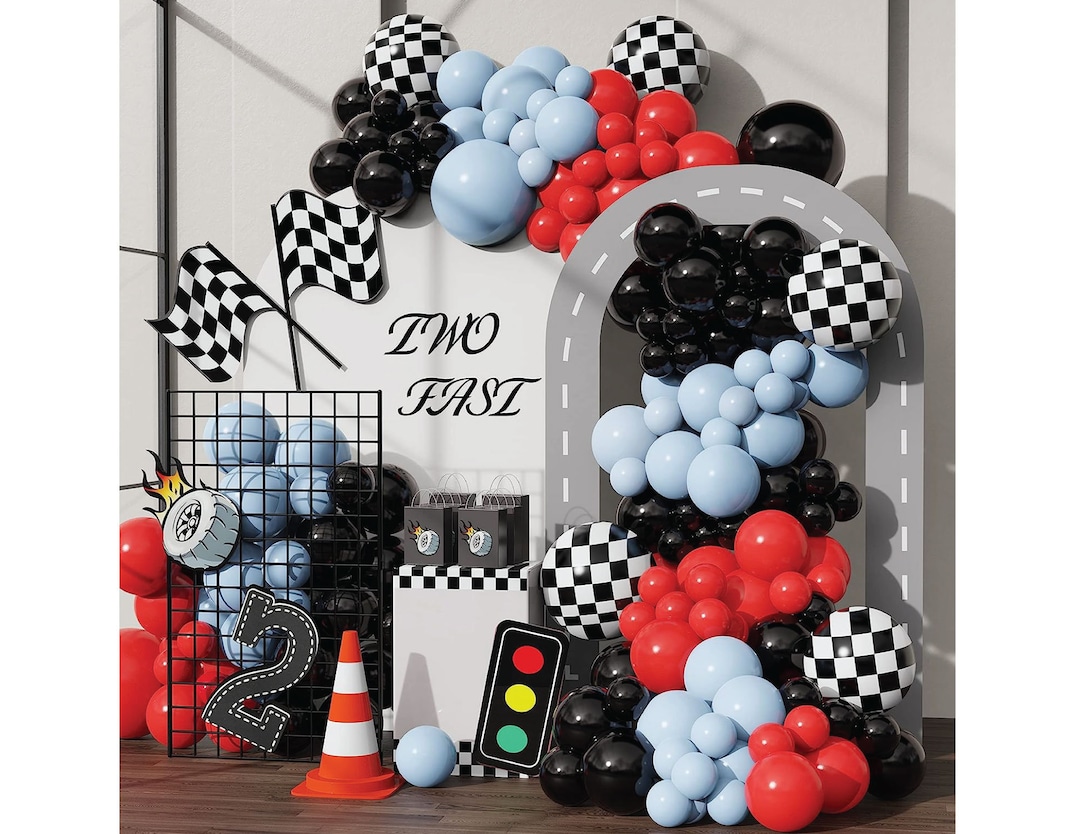 Race Car Balloons Arch Garland Kit 148PCS Red Blue Black Checkered Flag ...