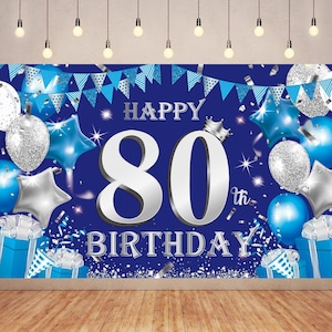 80th Birthday Banner Backdrop Decorations Men Women Blue Silver Happy ...