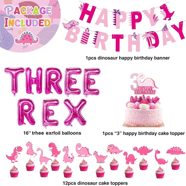 Pink Dinosaur Three Rex Balloons Girl's 3 Rex Banner - Etsy