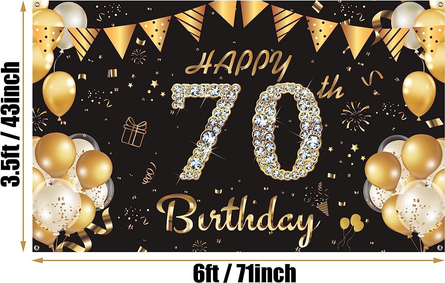 70th Birthday Banner Backdrop Decorations for Men Women Black Gold ...