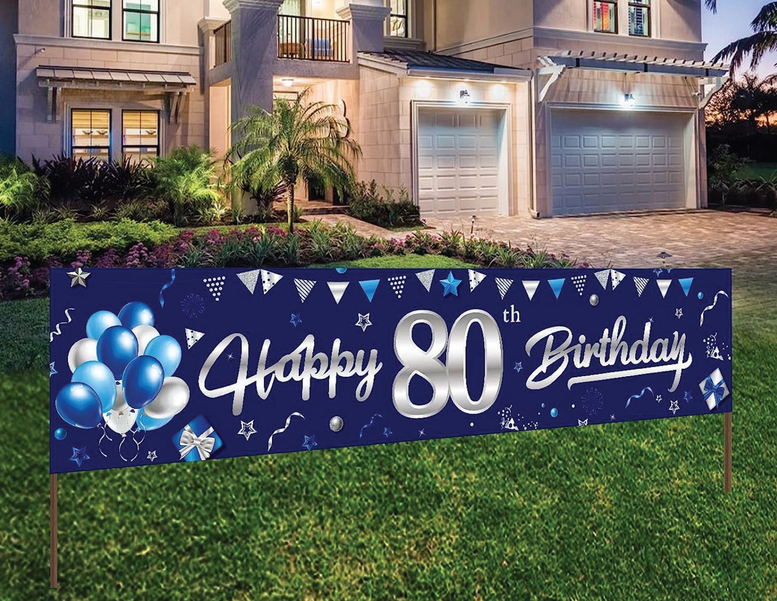 Large 80th Birthday Banner Backdrop Decorations for Men Women Silver ...