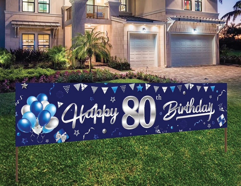Large 80th Birthday Banner Backdrop Decorations For Men Women Silver