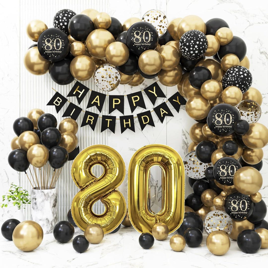 80th Birthday Balloon Garland Arch, Black and Gold 80th Birthday ...