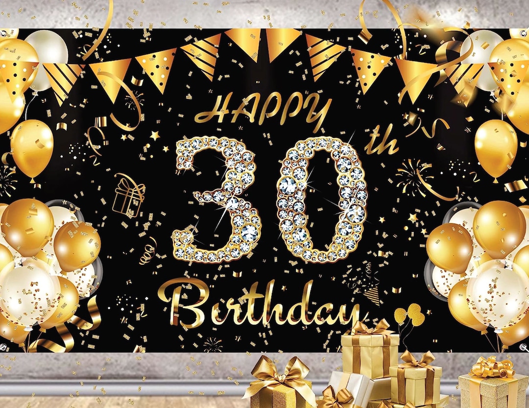 30th Birthday Banner Backdrop Decorations for Men Women Black Gold ...