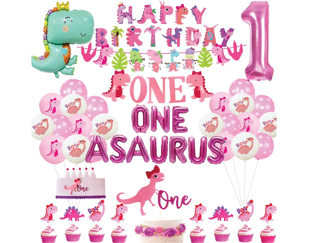 Pink Dinosaur 1st Birthday Balloons, Girl's Oneasaurus Banner Balloon ...