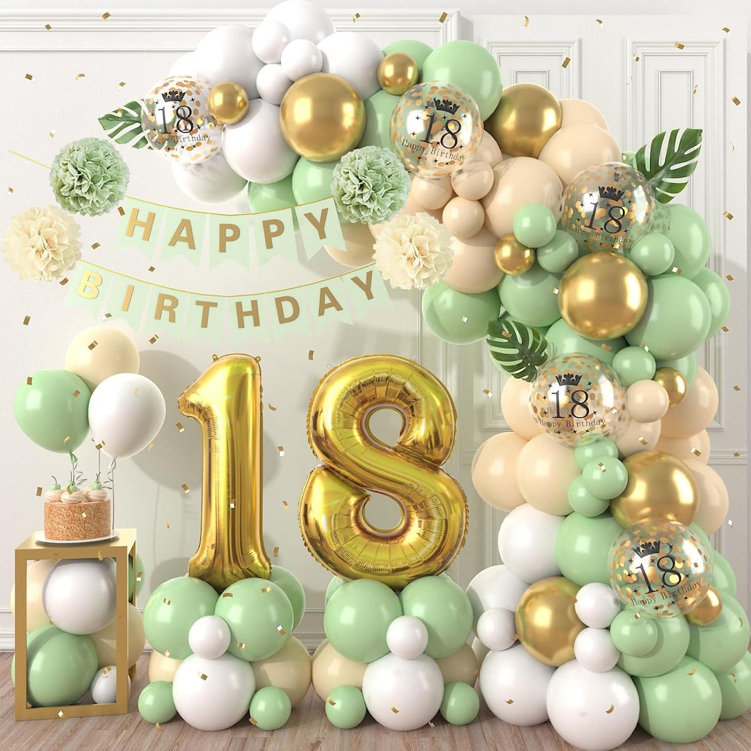 18th Birthday Balloon Garland Arch Sage Green and Gold 18th Birthday ...