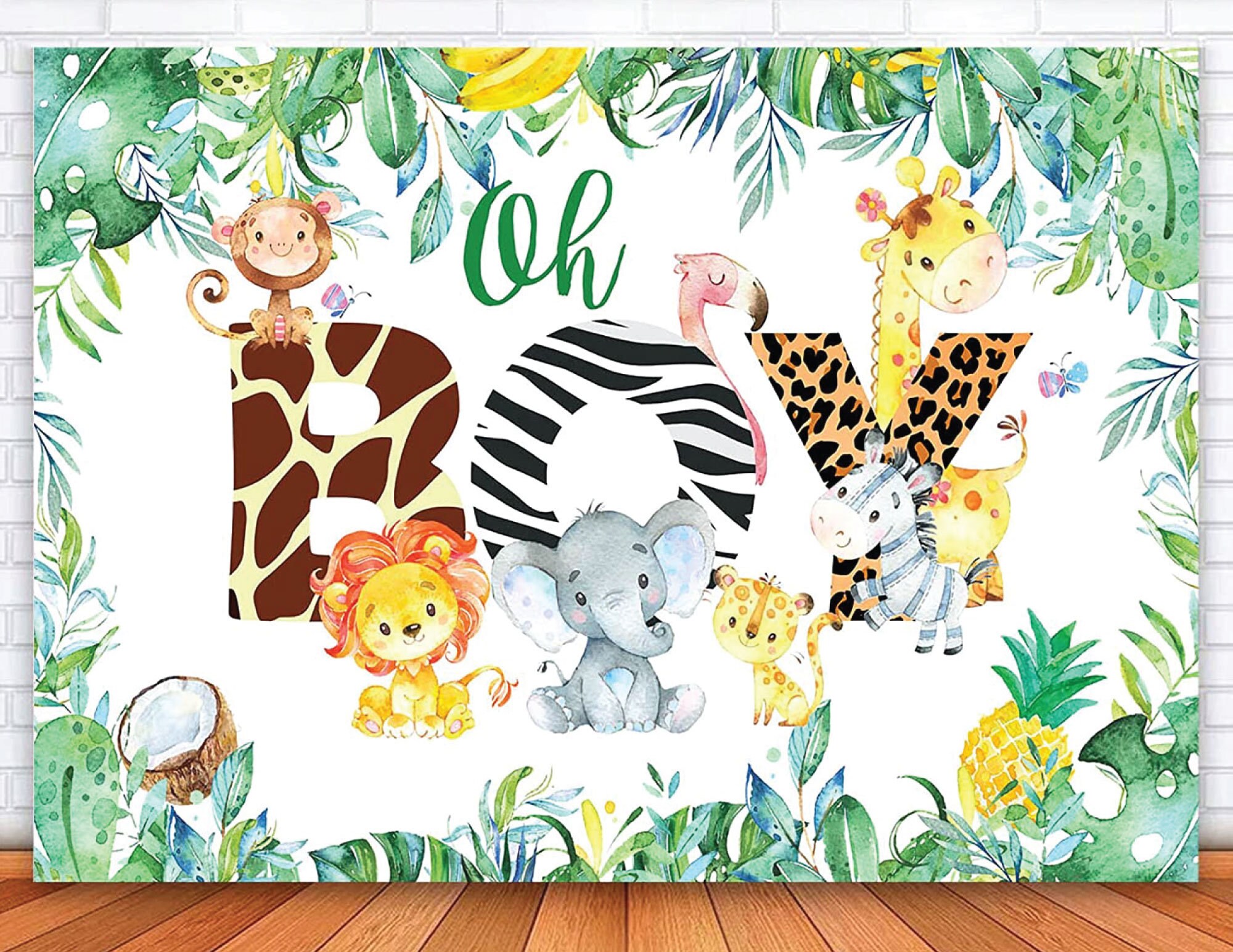 Safari Baby Shower Backdrop Jungle Safari Animals Banner Oh Boy Vinyl ...